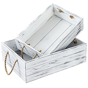 MyGift Vintage White Wood Nesting Storage Bins with Rustic Rope Handles, Country Farmhouse Style Weathered Wooden Crates, Decorative Open Top Box Pallets, 2 Piece Set