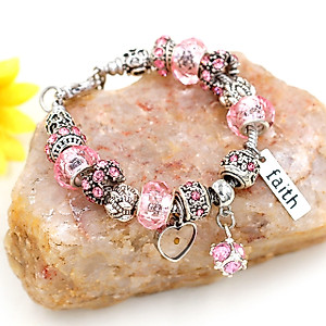 Silver Tone Crystal Murano Glass Beads Snake Chain Bracelet Faith Mustard Seed Charm Crystal Bracelets for Women Y1924 (pink)