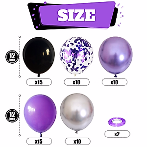 Purple and Black Balloons, 60 Packs 12 Inch Dark Purple Light Purple Black Balloons with Metallic Silver Confetti Latex Balloons for Halloween, Girls Women Birthday Wedding Party Decorations