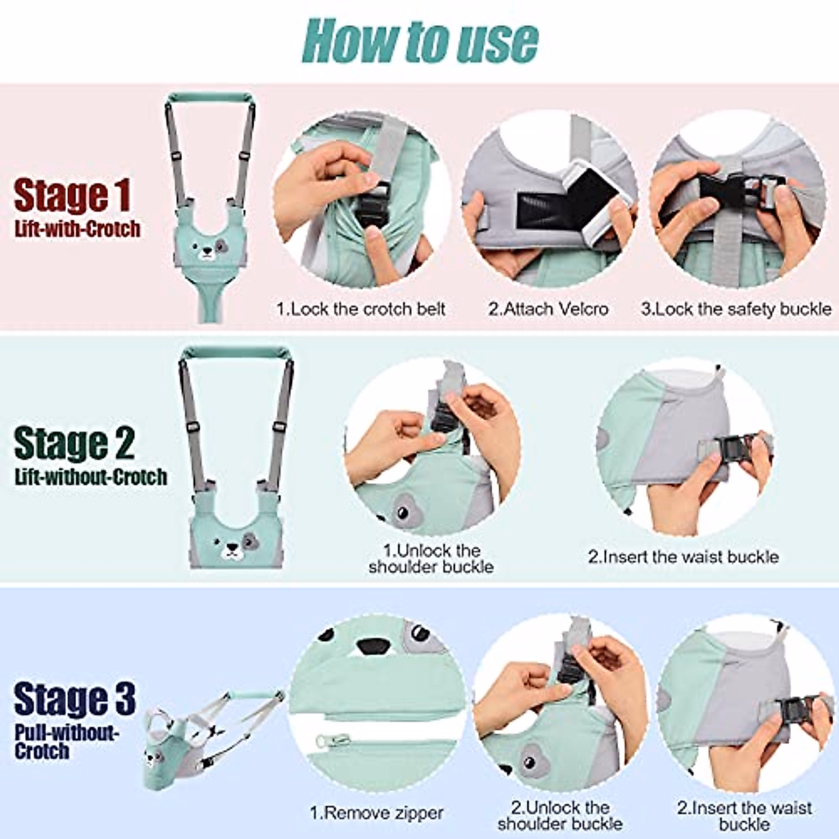 Panitay Handheld Baby Walking Harness Adjustable Toddler Walking Assistant Baby Walker Assistant Belt with 4 Pairs Baby Knee Pads for Crawling 4 Pairs Non Slip Toddler Socks Grips, 7-24 Months Old