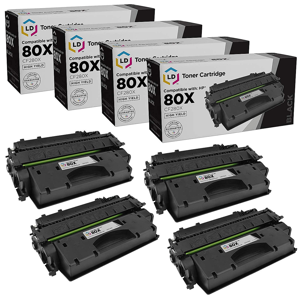 LD Products Replacement Toner Cartridge Compatible with HP 80X CF280X High Yield (Black 4Pk) Compatible with 400 M401a 400 M401dn, 400 M401dne, 400 M401dw, 400 M401n, 400 M425dn, 400 MFP M425dw