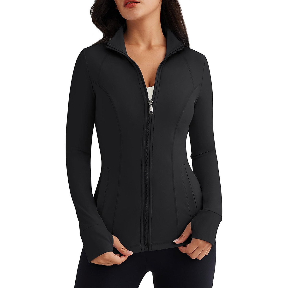 Trendy Queen Womens Lightweight Zip Up Jackets Mock Turtleneck Fall Hoodies Fitted 2024 Athletic Workout Clothes with Pockets Black M