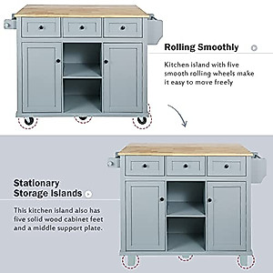 LOVMOR Mobile Kitchen Islands with Storage, Kitchen Carts on Wheels with Rubber Wood Drop-Leaf Countertop, Kitchen Pantry Storage Cabinet with Storage Cabinet and 3 Drawers for Dining Room, Blue