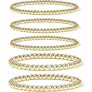 BUREI Gold Bead Bracelets for Women Stackable Gold Bead Bracelet for Women Dainty Elastic Stretch Gold Bracelets for Girls Gift (Gold Bead 5PCS)