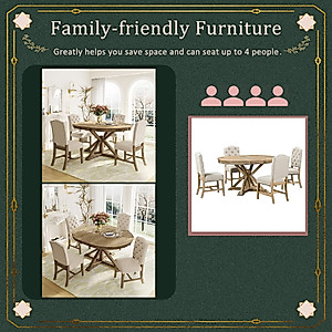 P PURLOVE 5 Pieces Round Dining Table Set for 4, Wood Extendable Table and 4 Upholstered Chairs for Dining Room and Living Room, Farmhouse Dining Set (Natural Wood Wash)