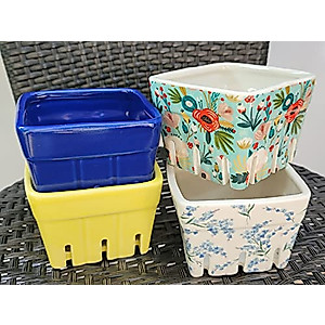 LEAZUL Ceramic Berry Basket Set of 4, Colander, Farmhouse Square Bowl. Rustic Kitchen Decor Fruit Bowls, Fruit Baskets,Blue Yellow and Floral Flowers Pattern Stoneware Harvest Bowls Kitchen Bowl