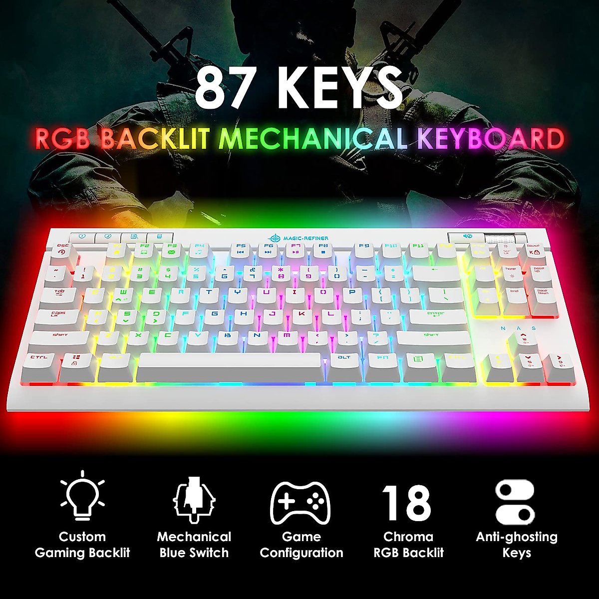 ZIYOU LANG Mechanical Gaming Keyboard,Chroma RGB 18 Kinds LED Backlit Keyboard with Wired Type C,87 Keys Anti-ghosting,Blue Switch and 4 Low Profile Switch Scroll Wheel for PC Gamers
