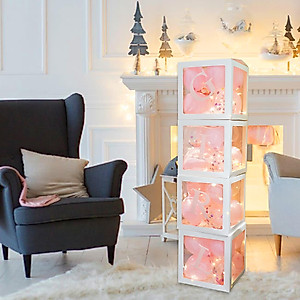 Uptotop Baby Shower Balloon Box Decorations, 4 Pcs Baby Blocks Transparent Balloon Boxes with A-E Letters, Fairy String Lights and 36 Pcs Latex Balloons for Decor, Pink