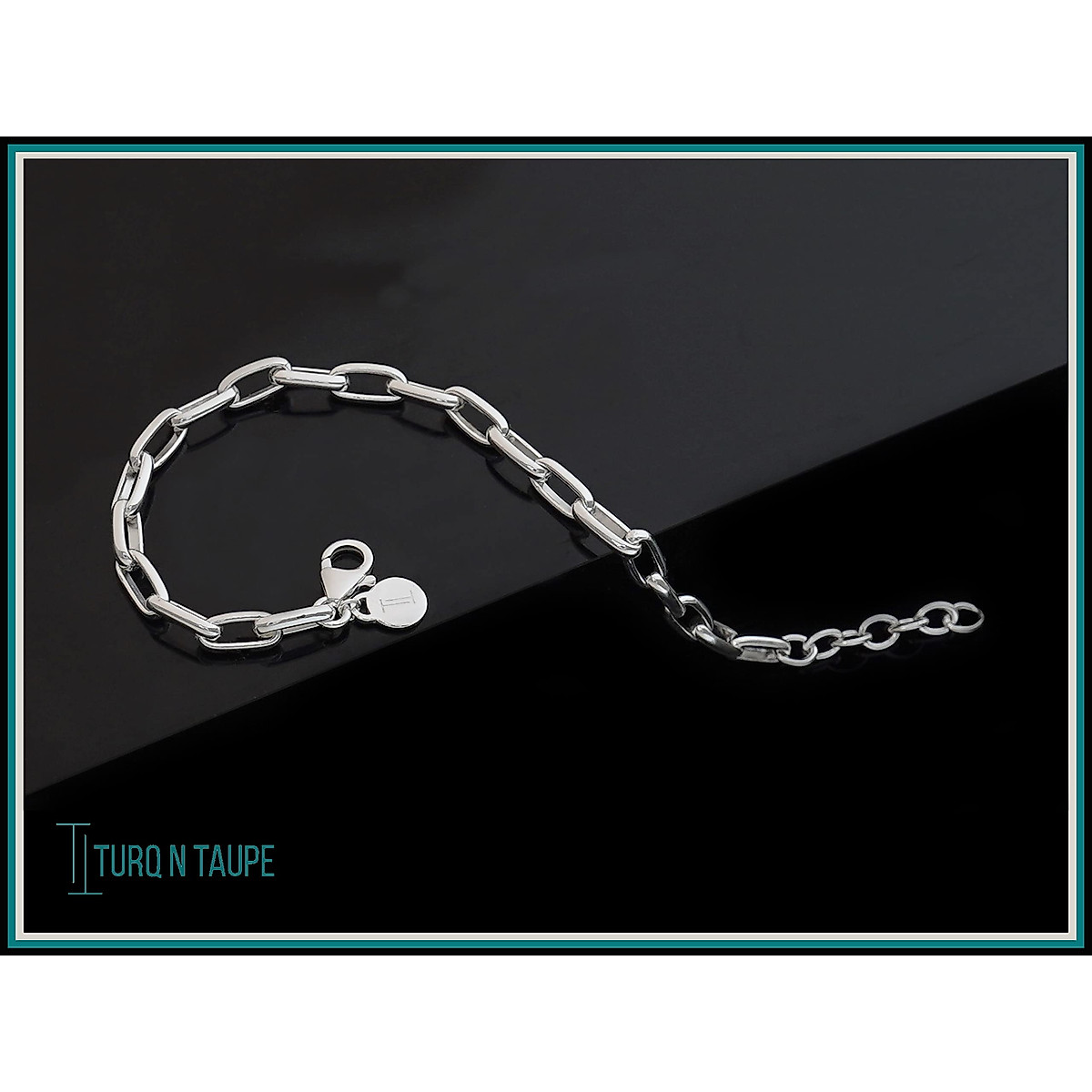 TURQ N TAUPE 925 Sterling Silver Italian Design Long Link Paper Clip Chain Bracelet for Women Men (8.50)