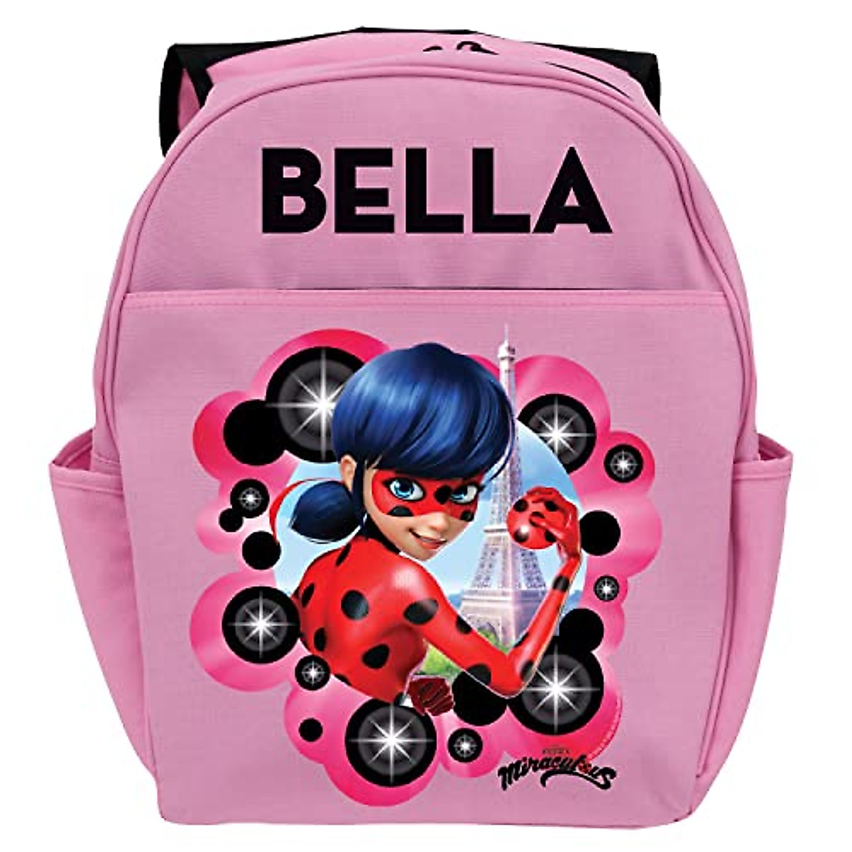 Miraculous Ladybug Personalized Backpack with Custom Name Printed on Pink Book Bag | Zippered Compartments and Side Water Bottle Pockets | Youth Size School Bag