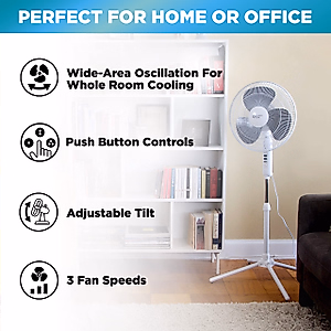 Comfort Zone Electric Oscillating Pedestal Fan, Stand Fan, 16 inch, 3 Speed, 90 Degree Oscillating Head, Adjustable Height and Tilt, Airflow 7.48 ft/sec, Ideal for Home, Bedroom & Office, CZST161BTE
