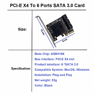 PCI-E SATA Expansion Card 6 Ports PCIe x4 to SATA 3.0 6Gbps Expansion Controller Adapter Card with 6 SATA Cables and Low Profile Bracket, Non-Raid(ASM1166) (PCIE X4 SATA 6 Ports)