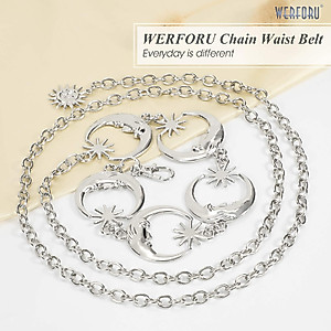 WERFORU Women's Silver Metal Link Moon Star Body Chain Belt Ladies Waist Chain Belt for Jeans Dress