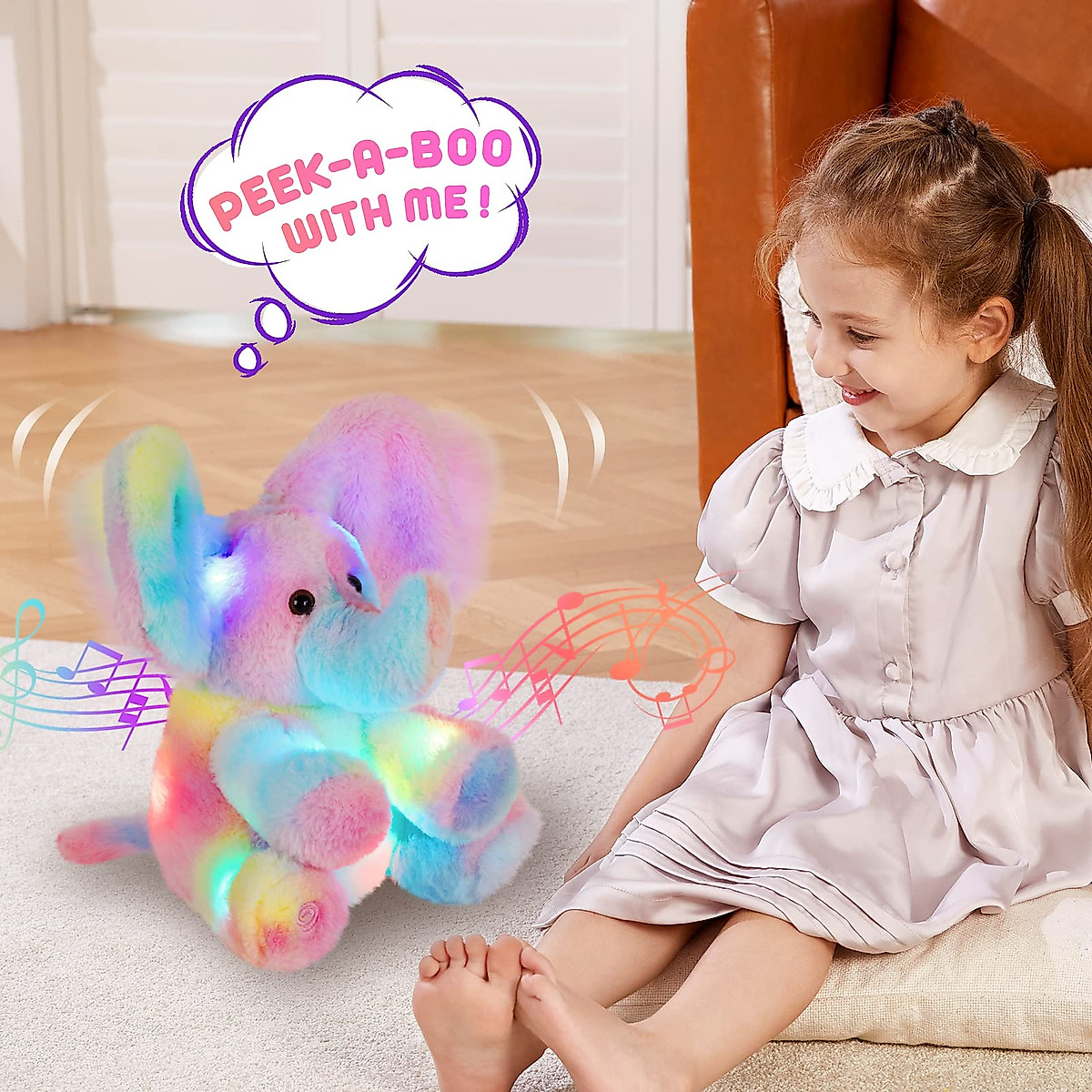 Glow Guards 12'' Light up Peek-a-Boo Elephant Stuffed Animal Musical Rainbow Elephant Singing Stuffed Animal Electric Interactive Toys Christmas Holiday Birthday Gifts for Toddler Kids