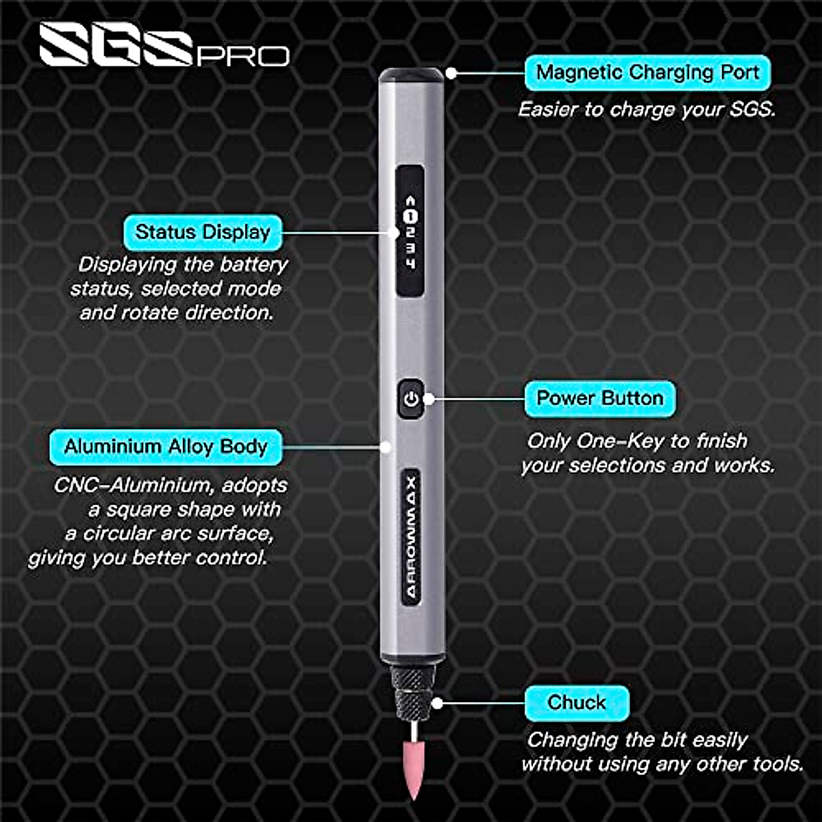 ARROWMAX Electric Engraving Pen, Polishing Pen with 42 Bits, Aluminum Case, Smart Motion Control, OLED, Bluetooth, APP, Wireless Magnetic Charge, for Jewelry, Wood, Glass, Stone, Carving (SGS PRO)