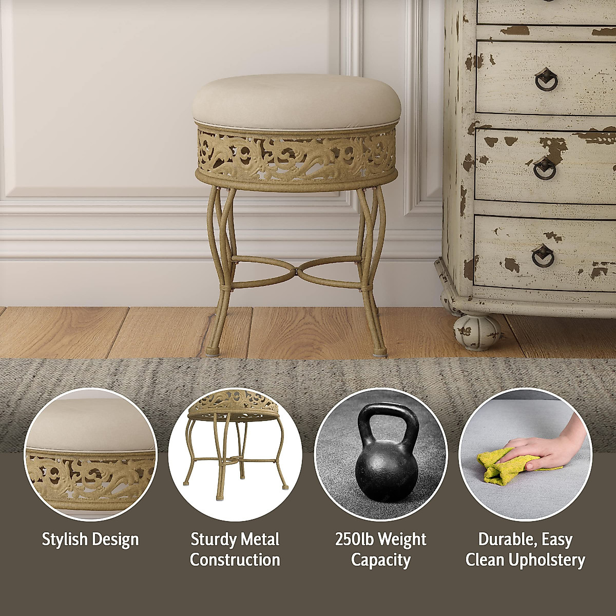 Hillsdale Villa III Upholstered Backless Vanity Stool, Antique Beige