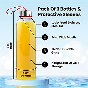 Chef's Star Drinking Bottles, 18 oz Reusable Clear Glass Bottles, Smoothie, Juice Glass Water Bottles, Stainless Steel Leak Proof Caps, Wide Mouth, Sleeve and Cleaning Brush, Pack of 3