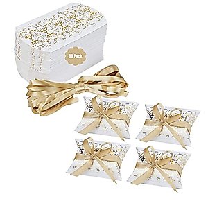 50Pack Pillow Gift Box Small Candy Boxes Party Favors Treat Boxes Wedding Party Favor Boxes Small Paper Cardboard Gift Box with Ribbon for Jewelry Crafts Chocolate Cookies Gift Packaging 3.5x2.5inch