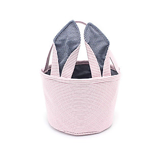 Easter Baskets Seersucker Easter Bunny Bag Bucket for Easter Egg Hunt Bunny Ears Design (Pink)