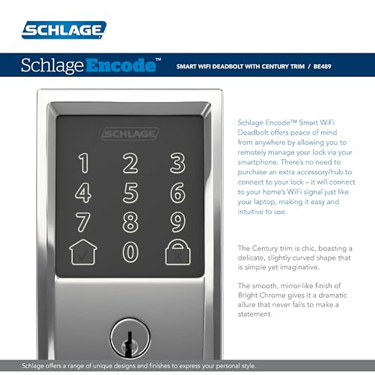 Schlage Encode Smart WiFi Deadbolt with Century Trim In Bright Chrome