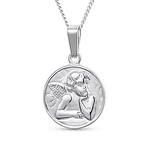 Personalize Religious Round Disc Medal Guardian Sistine Angel Cherub Pendant Necklace For Women For Teen .925 Sterling Silver Engrave IT