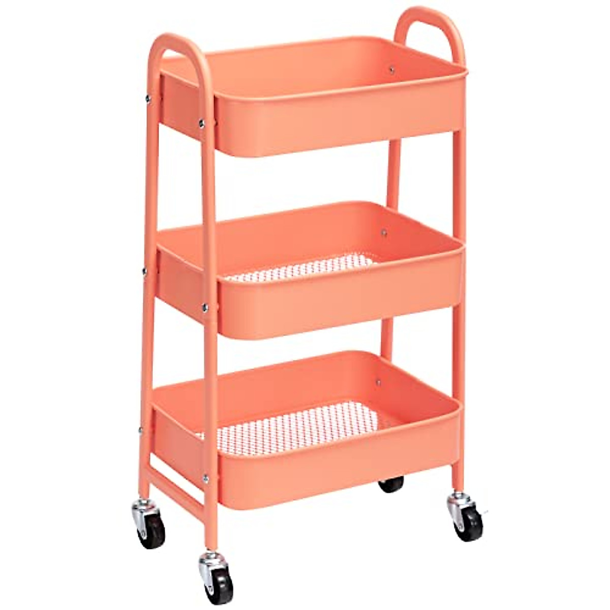 AGTEK Makeup Cart, Movable Rolling Organizer Cart, 3 Tier Metal Utility Cart with Lockable Wheels for Home & Office, Pink Orange