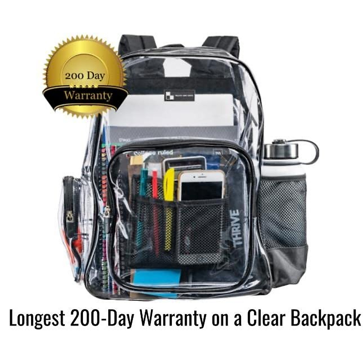Heavy Duty Clear Backpack with Mesh Organizer, Clear Bookbag (Large, Black)