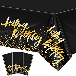 Aneco 3 Pack Black Gold Happy Birthday Tablecloth Table Cloth Cover Black Gold Party Durable Tablecloth Table Covers 54 x 108 Inches for Parties Birthdays Weddings