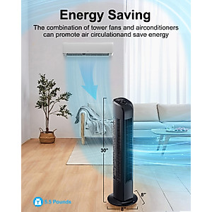 Uthfy Oscillating Tower Fan with Remote, Electric Standing Tower Fan Floor Fan for Bedroom Indoor Office and Home Use,Quiet Cooling Portable Bladeless Tower Fans, 30 inchs, Black Tower Fan