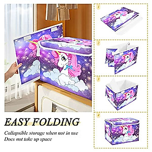 DOMIKING Unicorn Pink Head Galaxy Toy Storage Trunk with Lid Collapsible Storage Box Organizer with Handles for Nursery Drawer Shelves Cabinet
