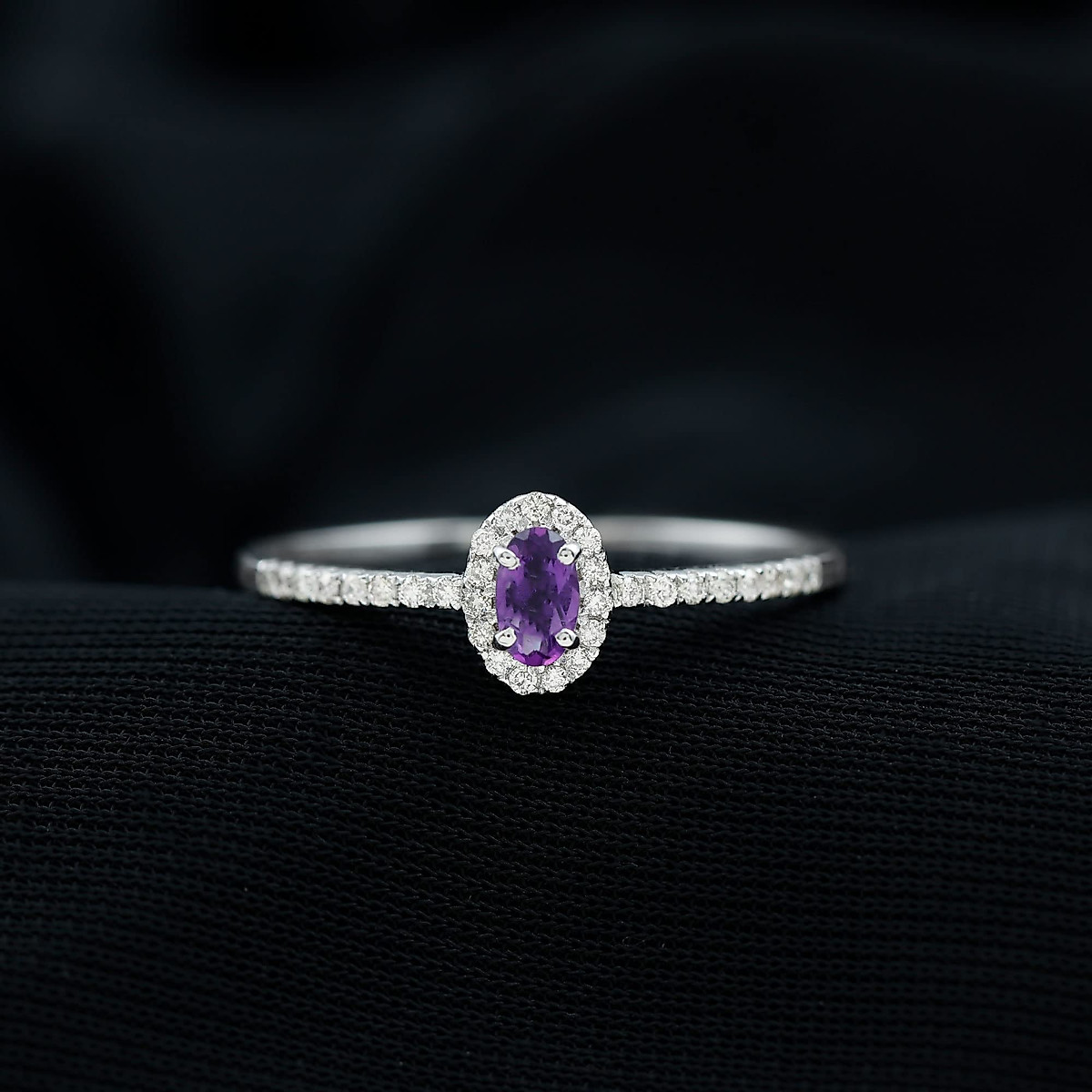 Rosec Jewels Natural Amethyst Minimal Halo Ring| 3X5 MM Oval| AAA Quality| Engagement Ring for Women, 14K White Gold, Size:US 10.00