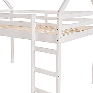 Lostcat Twin Loft Bed with Slide, House Loft Bed with Slide,Solid Pine Wood Kid Bed Frame w/Safety Guardrail & Ladder,No Box Spring Needed,Save Space Design, Kid Bed for Kids,Teens, Girls, Boys, White