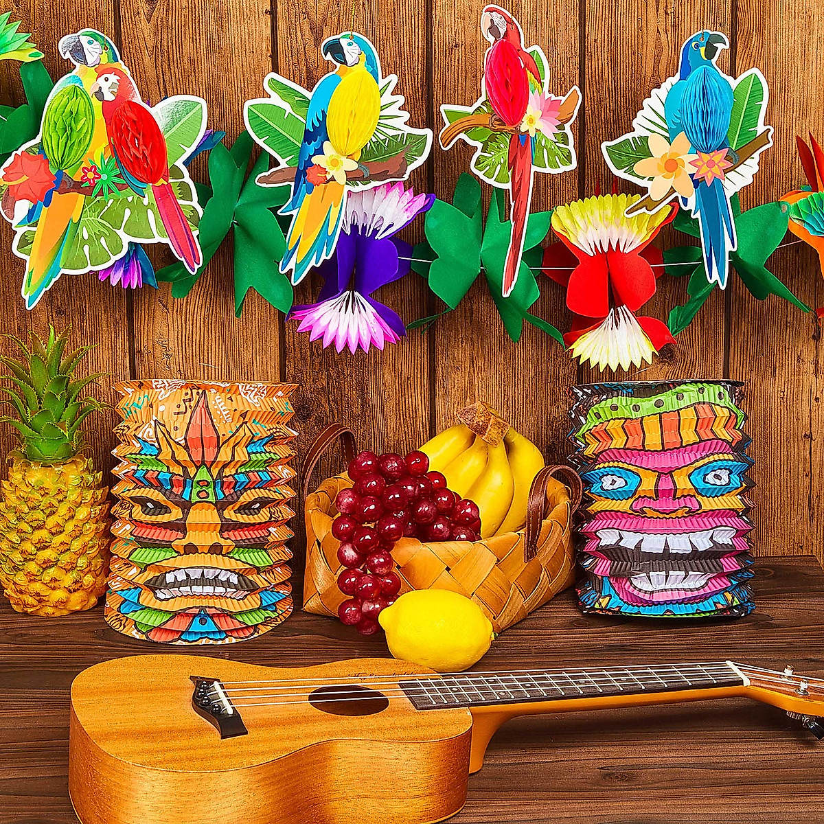 Luau Party Decorations Hawaii Paper Lanterns Tropical Honeycomb Birds Hibiscus Paper Garland for Hawaiian Luau Birthday Party Supplies Summer Jungle Party Decorations Hawaii Bar Supplies