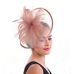 SAFERIN Fascinator Hair Clip Cocktail Hat Bowler Feather Flower Derby Kentucky Veil Wedding Party Hat Tea Fascinators (a-Skin Pink)