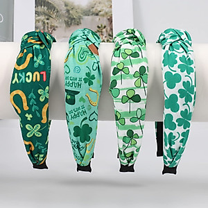 Budsmile 4PCS St. Patrick’s Day Headbands for Women Girls Party Gift Non-Slip Green Shamrock Leaves Knotted Wide Hairbands Yoga Hair Band Hair Hoops