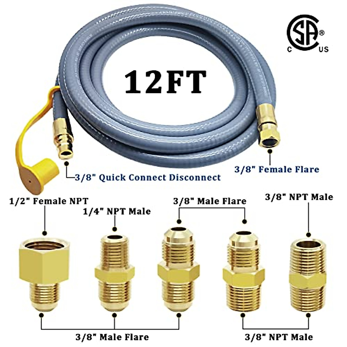 GardenNow 12FT 3/8" ID Natural Gas Hose, Low Pressure LPG Hose with Quick Connect, for Weber, Char-Broil, Pizza Oven, Patio Heater and More NG Appliance Propane to Natural Gas Conversion Kit