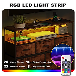 NASHZEN Dresser TV Stand, 7 Drawer Bedroom Dresser with Power Outlets & LED Lights, Wide Fabric Dresser with Open Shelf, for TV Up to 45’’, Caramel Brown