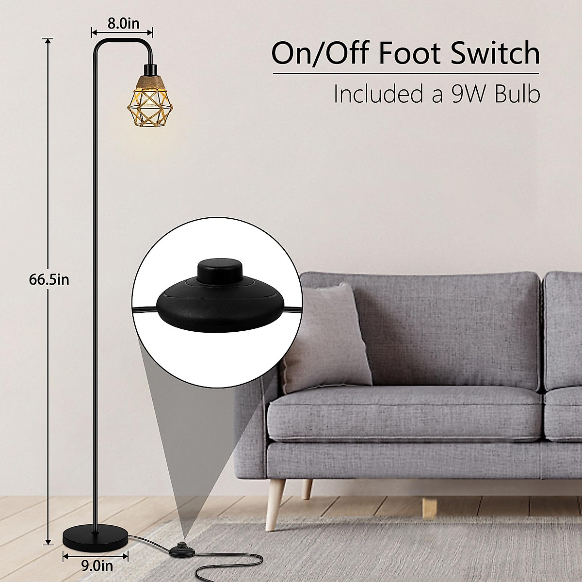 Floor Lamp, Standing Lamp with 9w Led Bulb, ETL Certified E26 Socket, Hemp Rope Design for Decorative Lighting, Modern Tall Lamp for Bedroom, Kids Room, Reading, Dorm