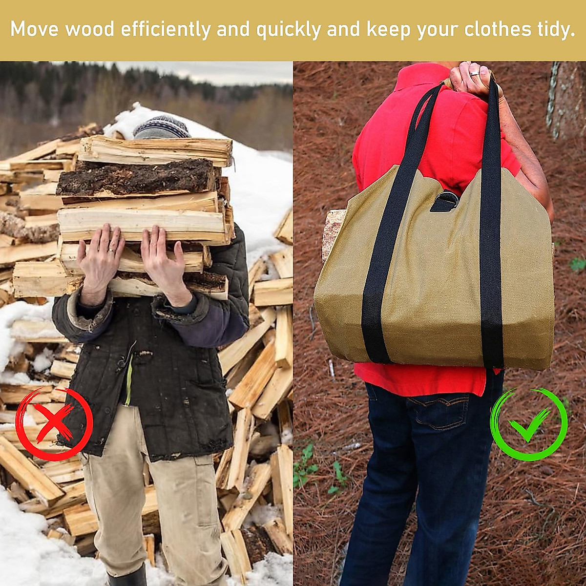 Rionaty 2 Pcs Firewood Carrier - Waxed Canvas Tote Bag, Extra Large Water-Resistant Portable Wood Carrier for Firewood Stove Indoor Outdoor Camping Trip (Brown and Black)