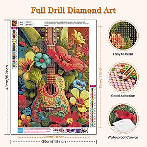RICUVED Diamond Art, Guitars Diamond Art Kits for Adults, Flowers Diamonds Gem Art 5D Full Round Drill Musical Instrument Diamond Arts and Crafts Home Wall Decor 12x16Inch