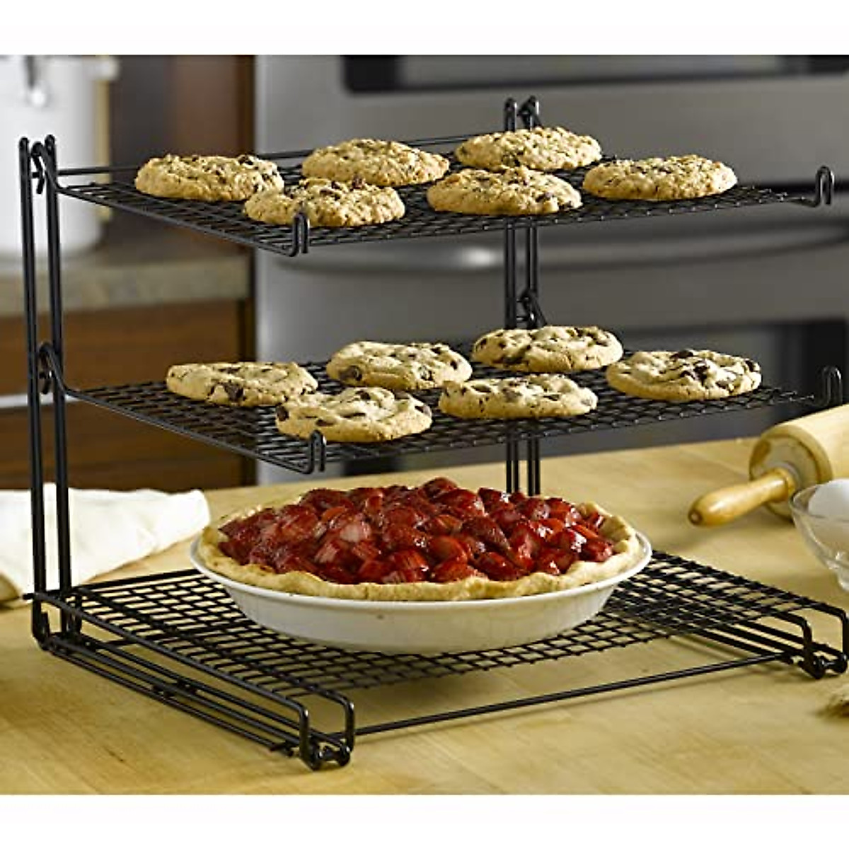 Nifty 3-Tier Cooling Rack – Non-Stick Coating, Wire Mesh Design, Dishwasher Safe, Collapsible Kitchen Countertop Organizer, Use for Baking Cookies, Cakes, Pies