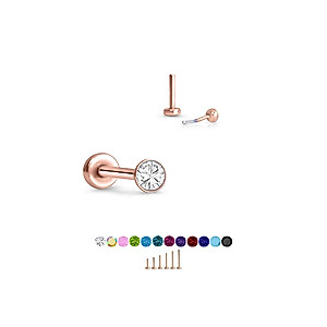 316 Stainless Steel Rose Gold-Tone Threadless Push Pin Nose Ring Labret Monroe Stud 1.5mm Glued Black CZ 20G