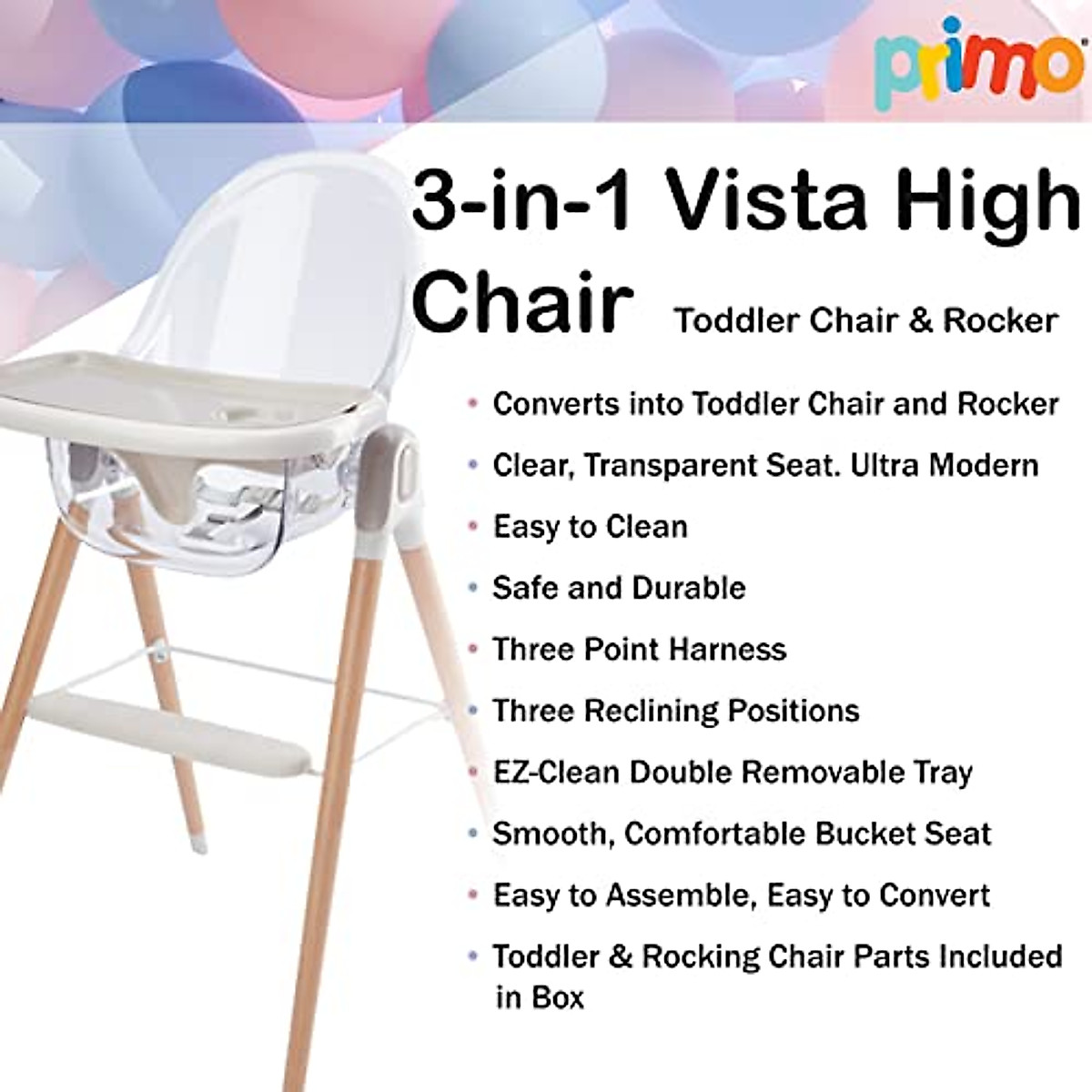 Primo Vista 3-in-1 Convertible High, Toddler, & Rocking Chair, Clear, Transparent Seat, Grows with Child, Modern Style, Adjustable Wooden Legs, Easy to Use, Assemble, Safe & Sturdy, 21.5 x 25 x 40.5"