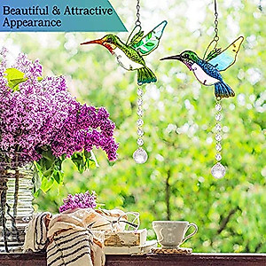 Stained Glass Hummingbird Window Hangings, Indoor Window Hanging Crystals Ornaments, Hanging Clear Crystals Ornament Decoration for Home, Garden, Office (Green)