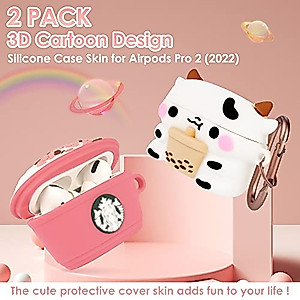 2 Pack for AirPods Pro 2nd/1st Generation Case, 3D Cute Cartoon Kawaii Funny Soft Silicone Case Cover for AirPods Pro 2 Anime Skin with Keychain for Girls Women Kids Teens (Boba Tea Cows+Coffee Cup)