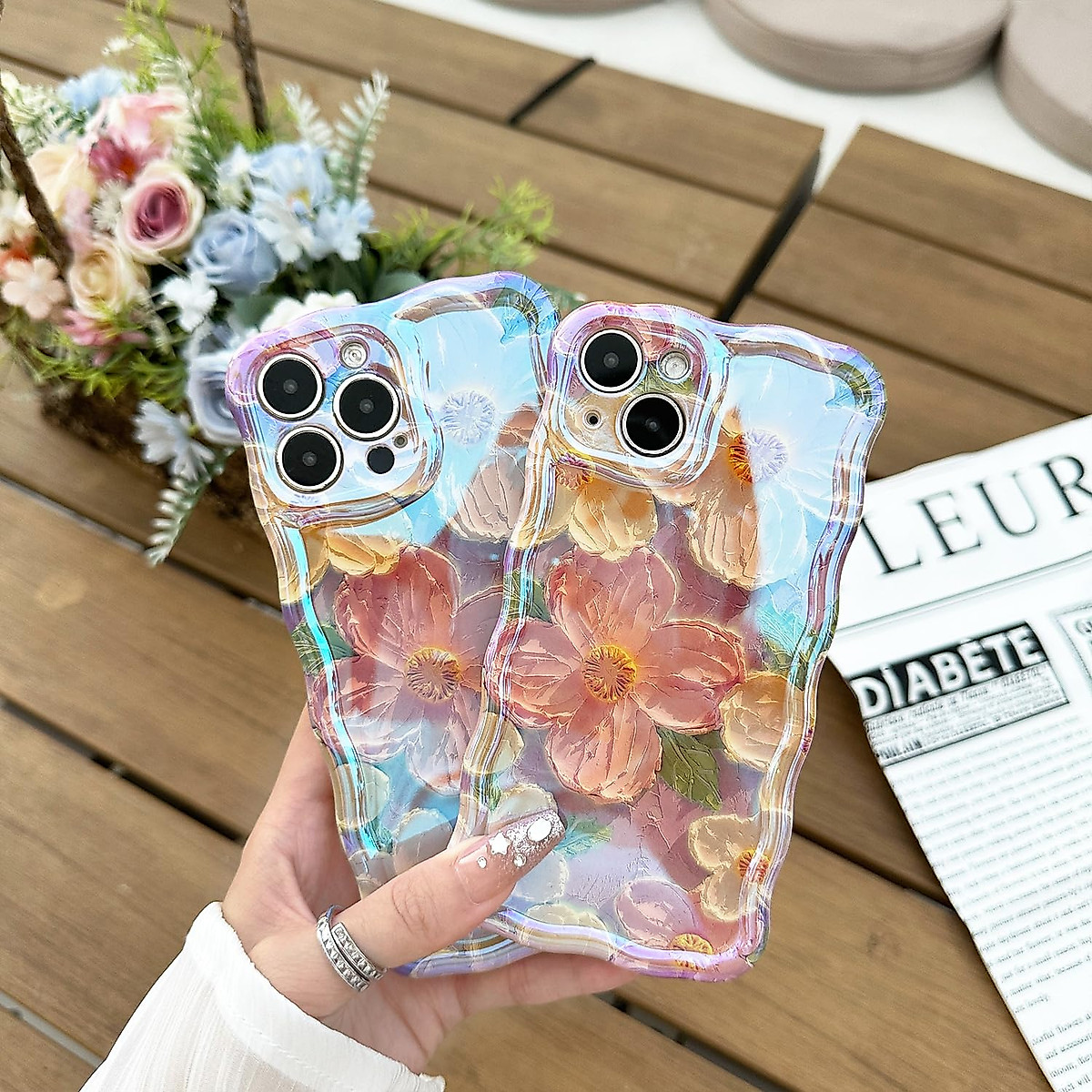 Sayoaho Compatible with iPhone 13 Pro Max Case for Women, Cute Curly Wave Frame Shape, Colorful Retro Oil Painting Flower Laser Beam Glossy Pattern, Compatible with iPhone 13 Pro Max, Pink