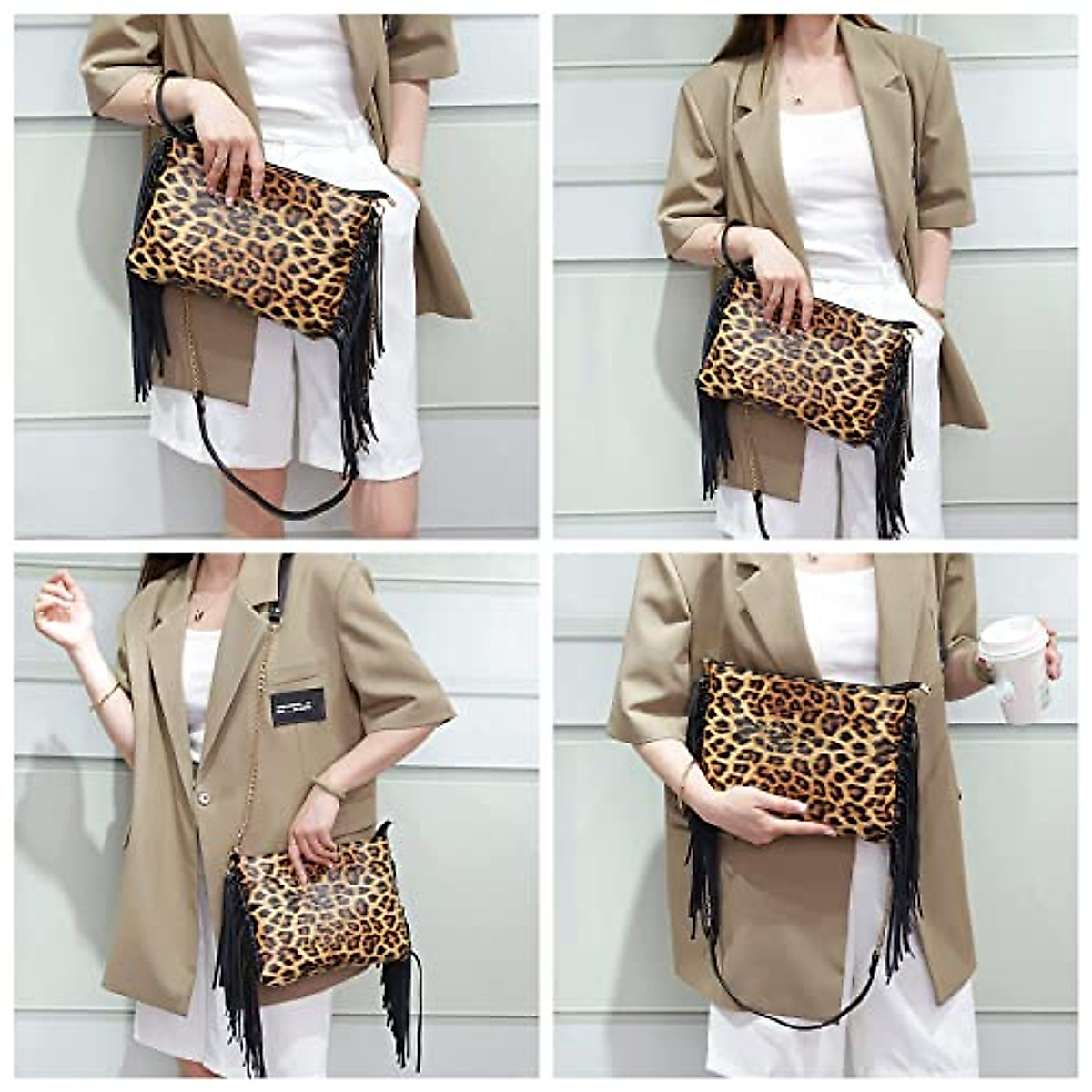 Ayliss Women Shoulder Handbag Clutch Crossbody Handbag Purse Animal Long Tassels Evening PU Leather Fashion Night Party Bag (Leopard)