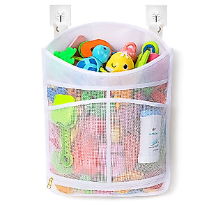 Ligereza Mesh Bath Toy Organizer, Various Hanging Ways, Large Capacity Large Opening, YKK Zipper, 4 Super Hooks, with Two Compartment Pockets, Baby Bathtub Toy Storage Bag (Large White)