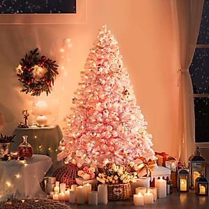 Yaheetech 4.5ft Pre-lit Artificial Christmas Tree with Incandescent Warm White Lights, Snow Flocked Full Prelighted Xmas Tree with 340 Branch Tips, 150 Incandescent Lights & Foldable Stand, Pink
