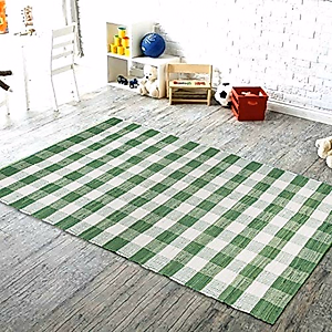 GLAMBURG Cotton Reversible Area Rug 3' x 5' Farmhouse Floor Mat, Handwoven Washable Carpet Checkered Plaid Rug for Front Porch Living Room Kitchen Bedroom - Green White